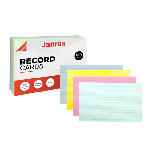 Pack of 100 Assorted Colour Ruled 8x5" Record Cards – Lined Study Index ...