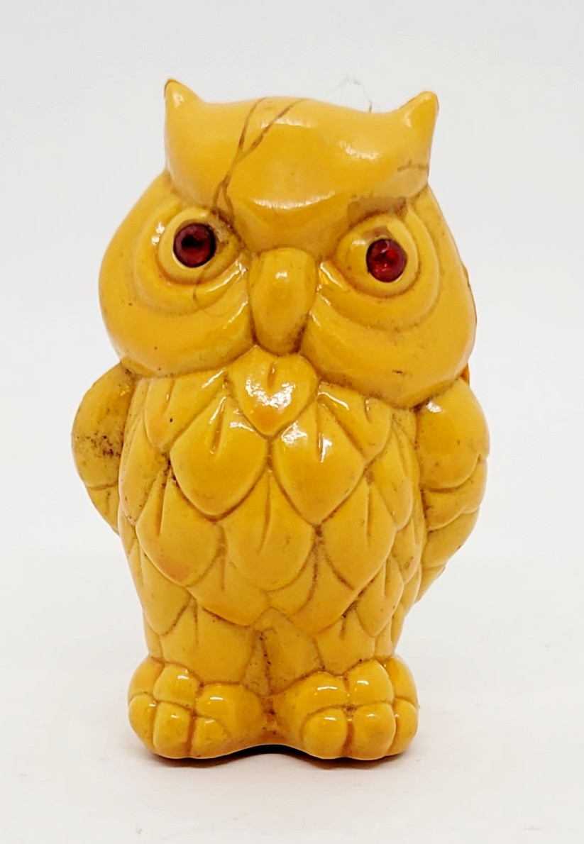 Vintage Plastic Owl with Ruby Red Jewel Eyes 3" Figurine Made in Hong Kong