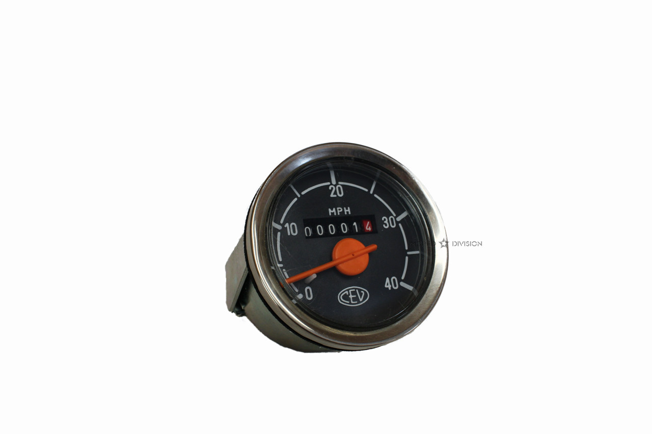 "Frozen" NOS CEV 40mph Speedometer, Back-lit - Black, - Moped Division