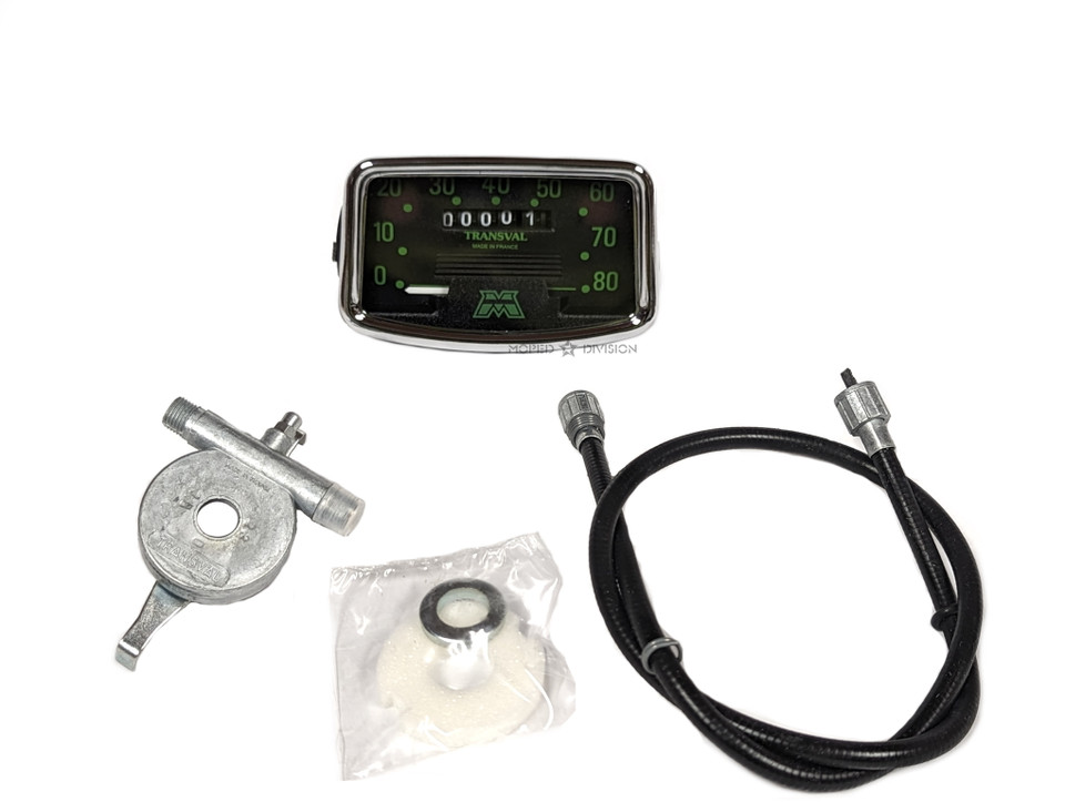 Transval Speedometer Assembly- Face, Drive, Cable, 80KMH - Moped Division