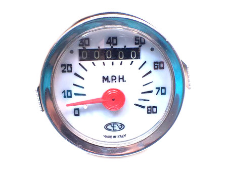 NOS CEV 80mph White Face Speedometer - Backlit - Moped Division