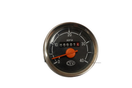 "Frozen" NOS CEV 40mph Speedometer, Back-lit - Black, - Moped Division
