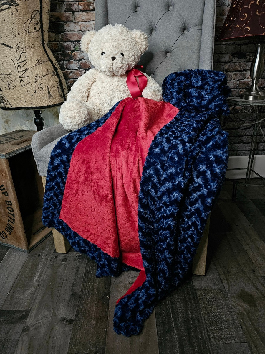 blue teddy with red blanket