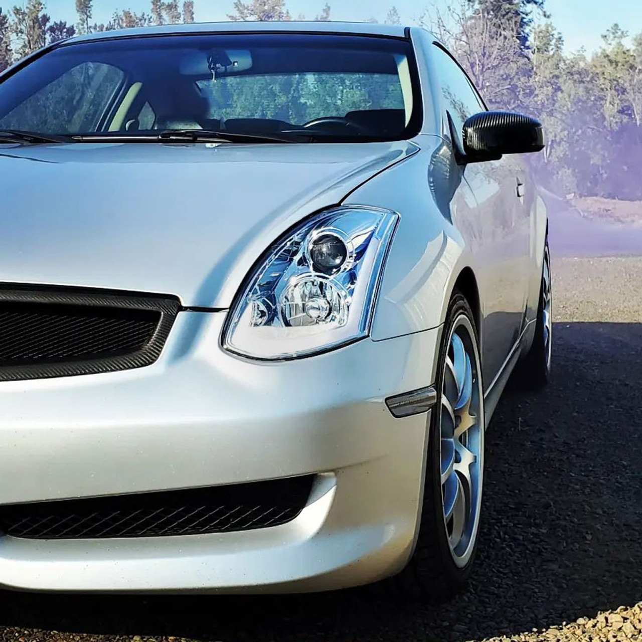 2003 2007 Infiniti G35 Coupe LED Bar Projector Headlights w Sequential Turn Signals Chrome Housing Clear Lens K2 Motor