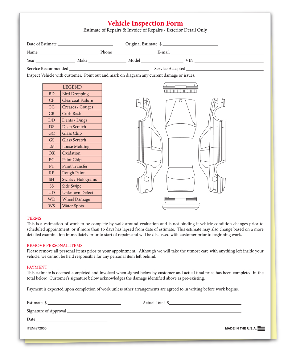 Vehicle Inspection & Estimate Form - 2 Part - Qty. 100 - Karn ...