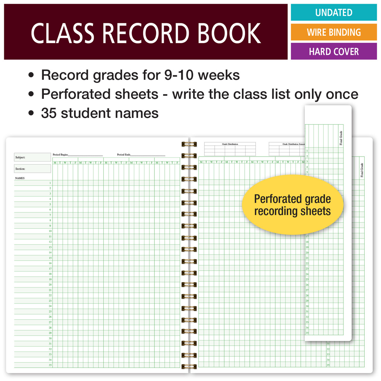 Hardcover Class Record Book for 9-10 Weeks - 35 Names - Large Squares ...