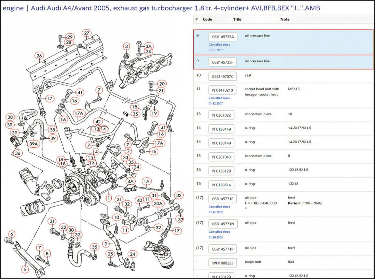 06B145735A VW AUDI 1.8T B6 B7 BEX TURBO OIL RETURN PIPE OEM EXCELLENT ...