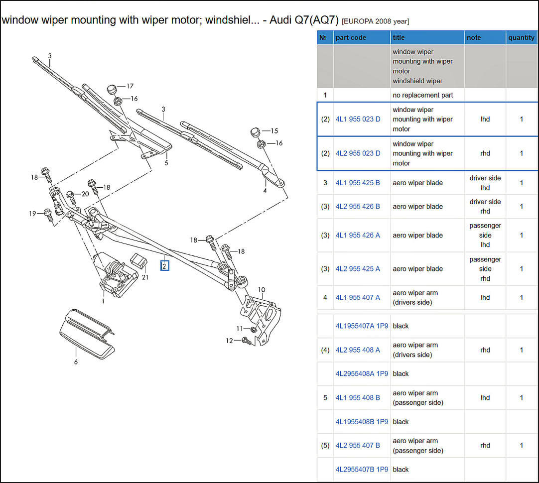 AUDI Q7 4L RHD NZ WINDSCREEN WIPER ARM LH PASSENGER SIDE ARTICULATED ...