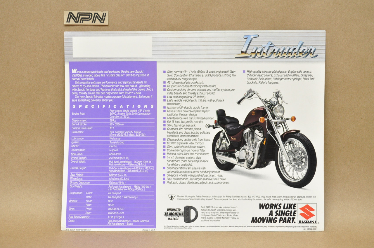 Vintage NOS 1986 Suzuki VS700 GL Intruder Brochure Motorcycle Dealer ...