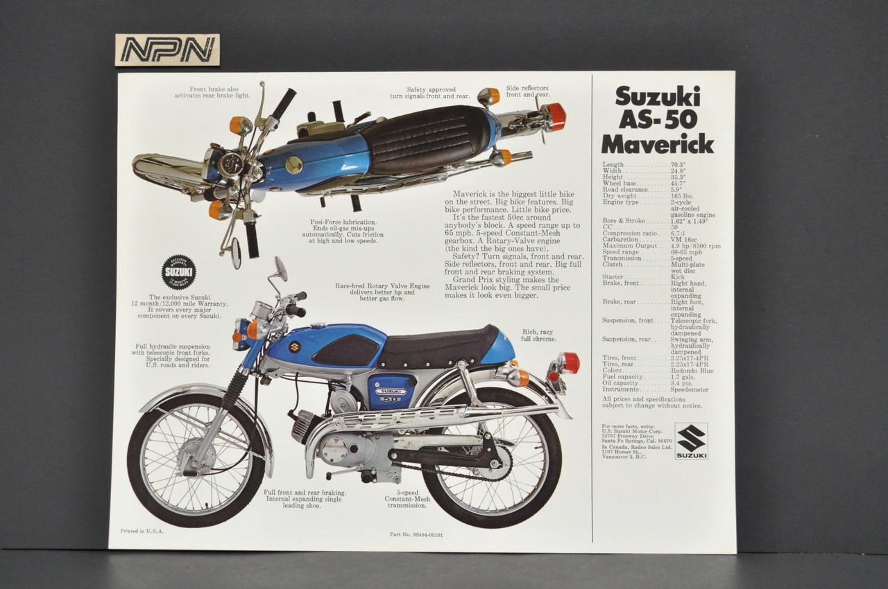 Vintage NOS 1969-70 Suzuki AS50 Maverick Motorcycle Brochure Dealer ...