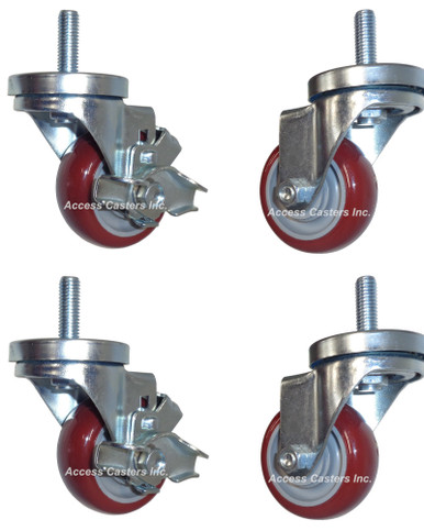 3DPM12S-SET 3 Inch Threaded Caster Set with Polyurethane Tread Wheels
