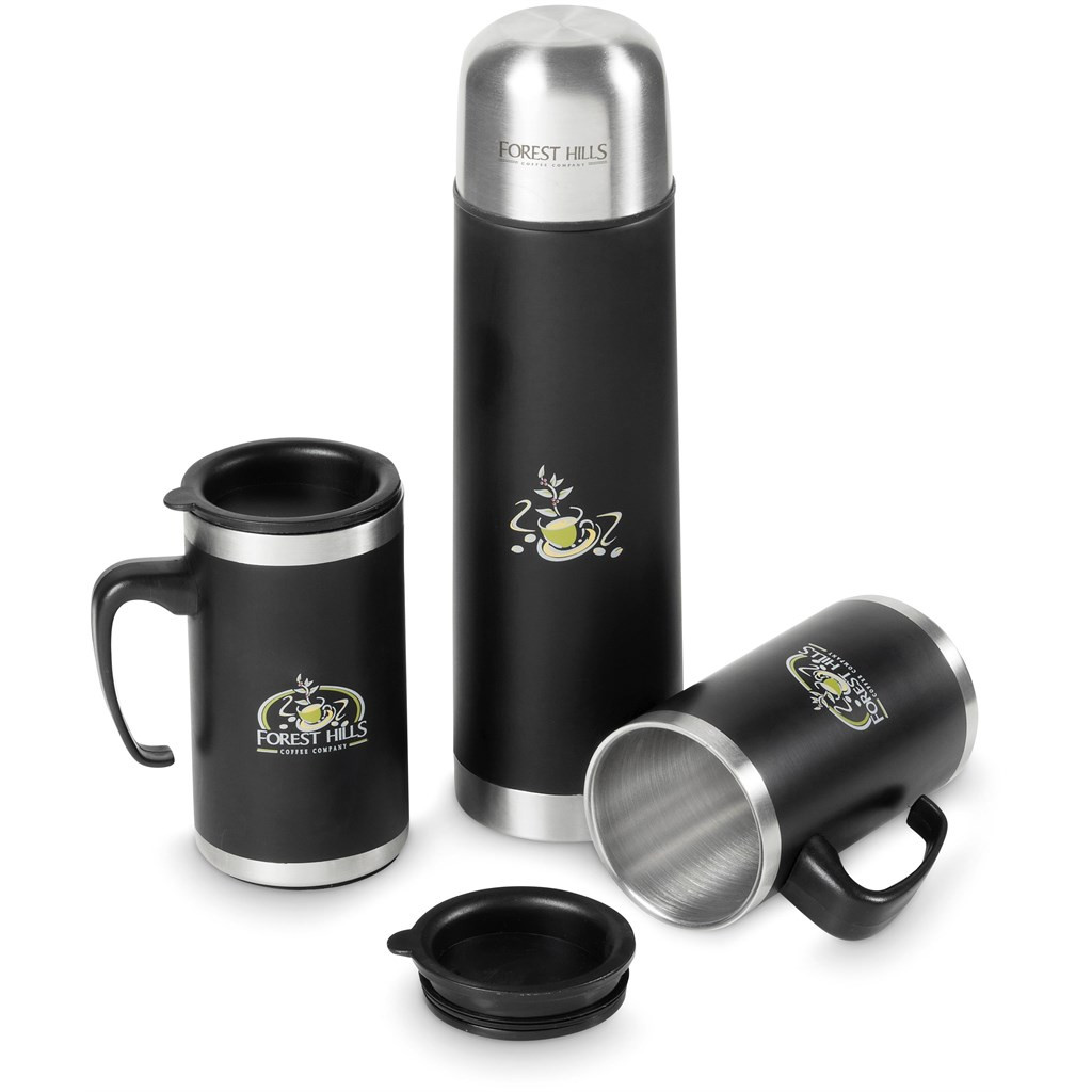 Double wall thermal stainless steel 500ml flask with 2 mug and carrier bag