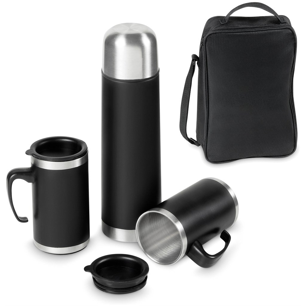 Double wall thermal stainless steel 500ml flask with 2 mug and carrier bag