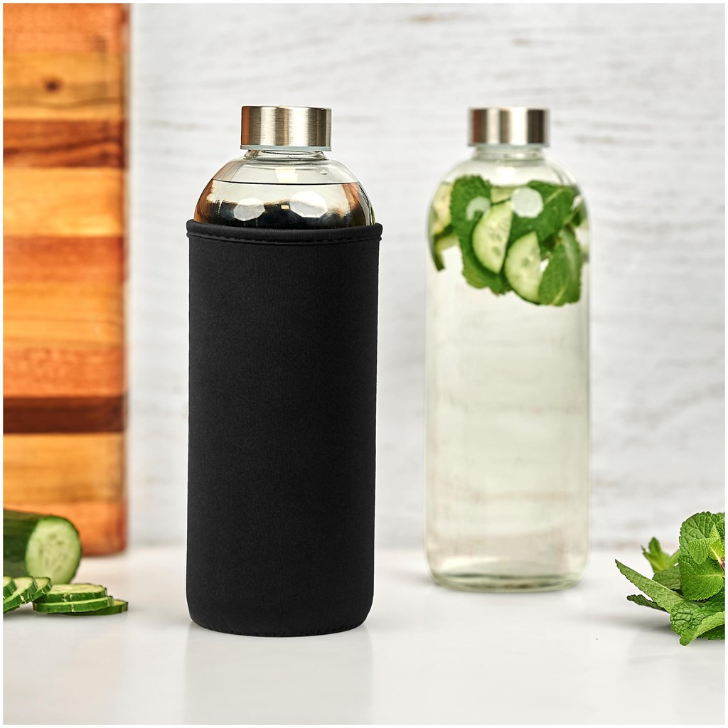 1L large glass water bottle with stainless steel lid and personalised ...