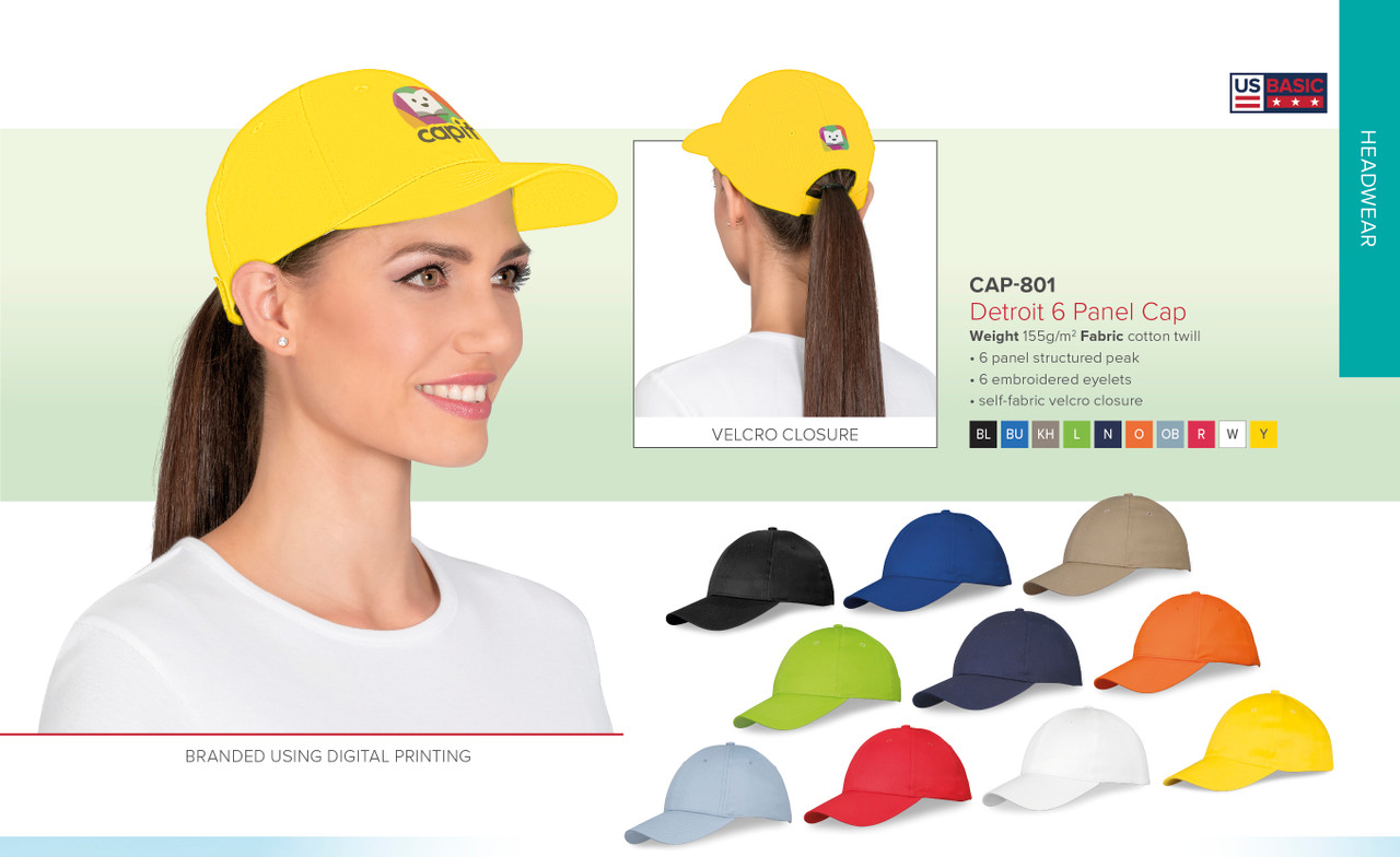 Custom personalised pre-curved peak caps with logo printing or embroidery