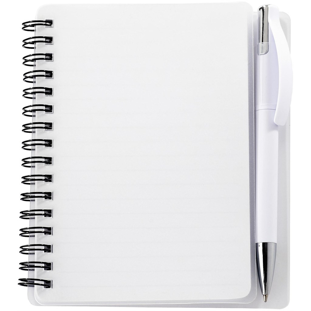 Small A6 size notebook with pen with option of personalised logo printing
