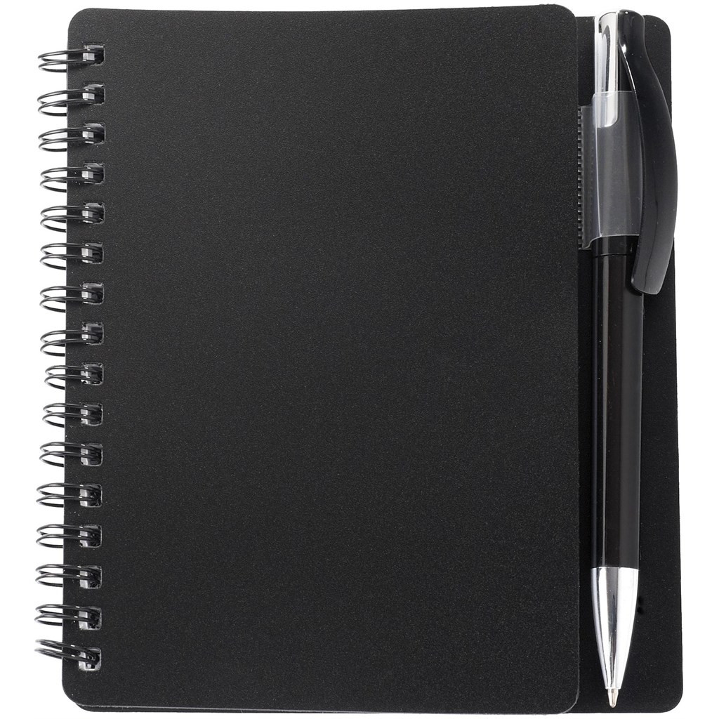 Small A6 size notebook with pen with option of personalised logo printing