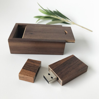Walnut dark wood USB flash drive and box combo from Keepsake Creative