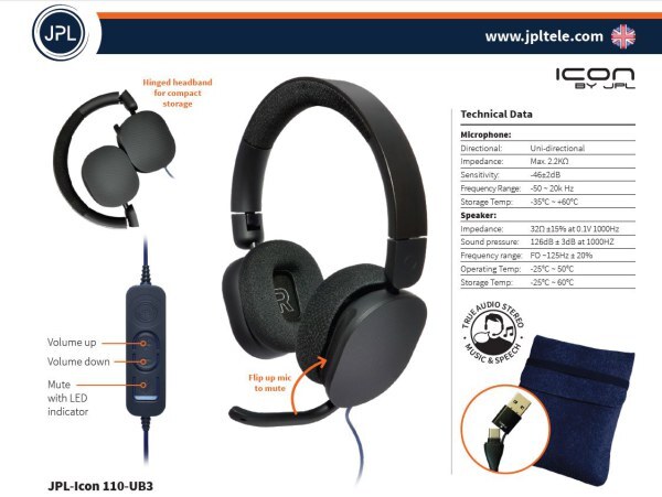 NEW ITEM FROM JPL! ICON 110-UB3 USB C/A FOLDABLE HEADSET