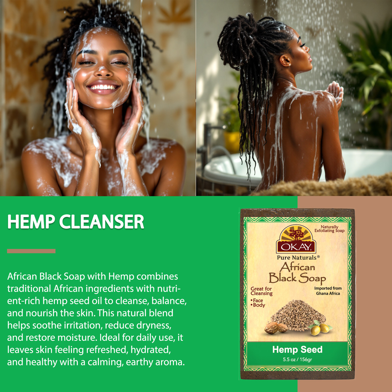 OKAY Pure Naturals African Black Soap with Hemp Seed - 5.5 oz / 156 g ...