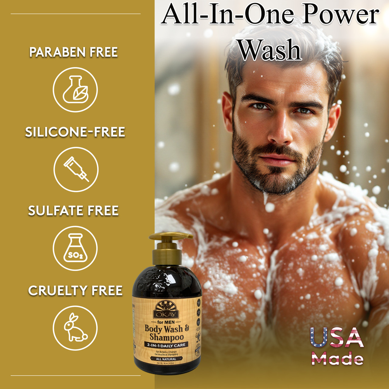 OKAY For Men Body Wash & Shampoo- 2 in 1 Daily Care- All Natural, 16 oz