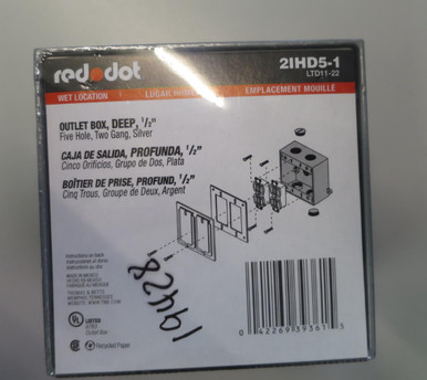 Double Outlet Box 1/2", Deep Five Hole Two Gang Red Dot 2IHD5-1