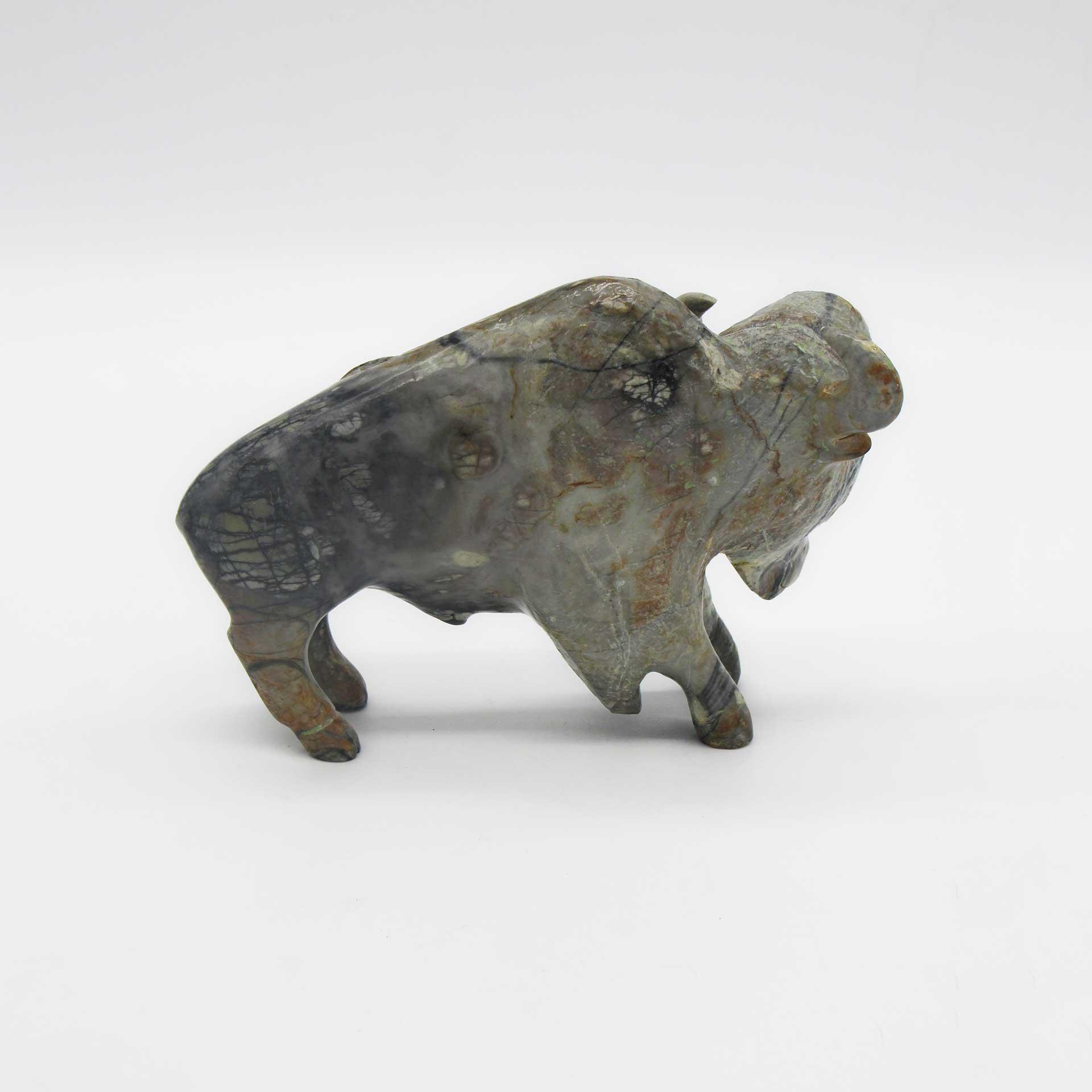 Hand Carved Picasso Marble Stone Bison w/Turquoise Inlay - Buffalo Boutique