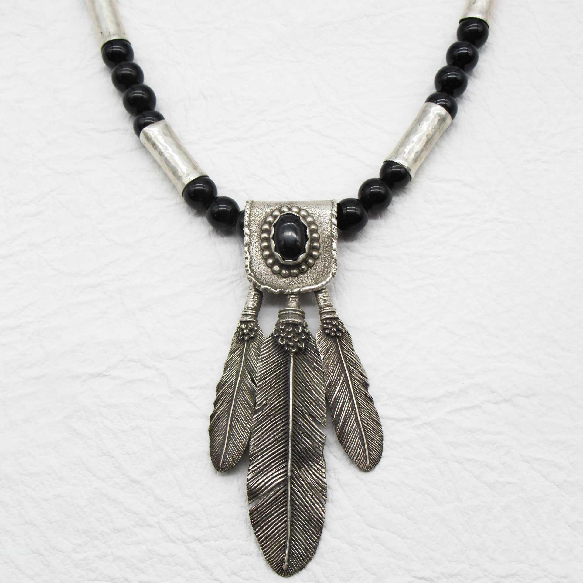 24" Black Onyx & Sterling Silver Feather Necklace - Buffalo Boutique
