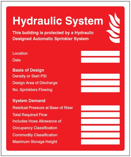 Hydraulic Sprinkler System Id Plate Sign - Safety Sign - GTSE UK