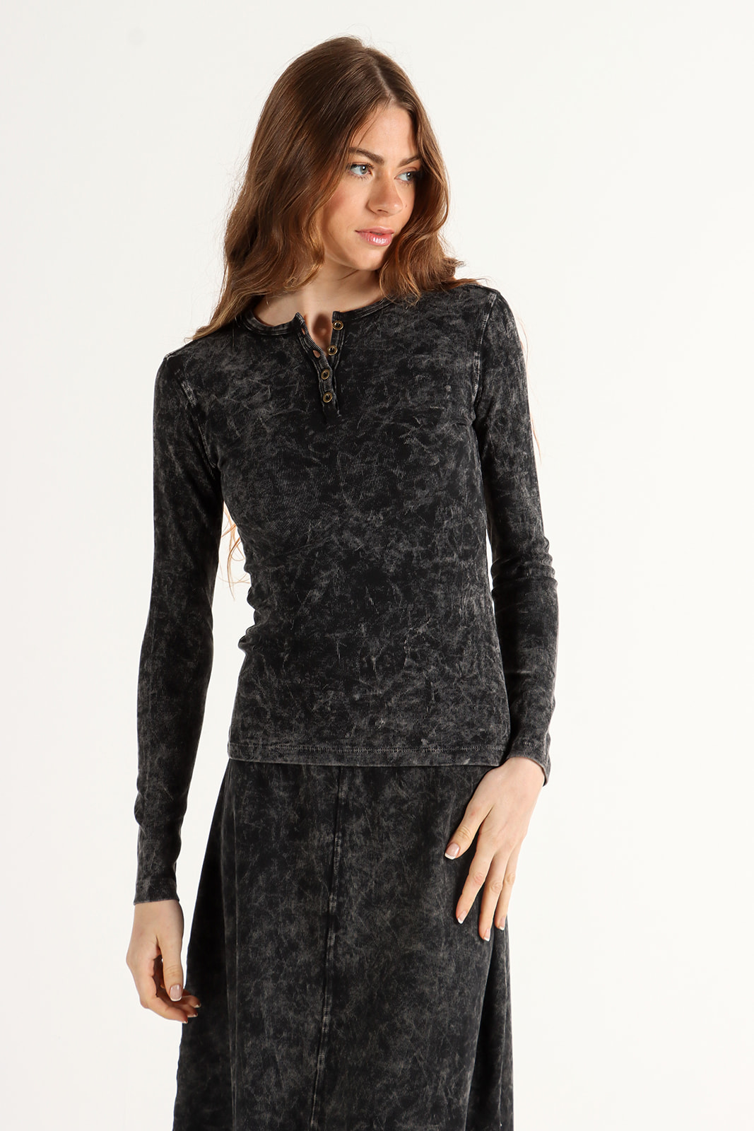 Women's Thin Rib Stonewash L/S Henley - Double Header USA