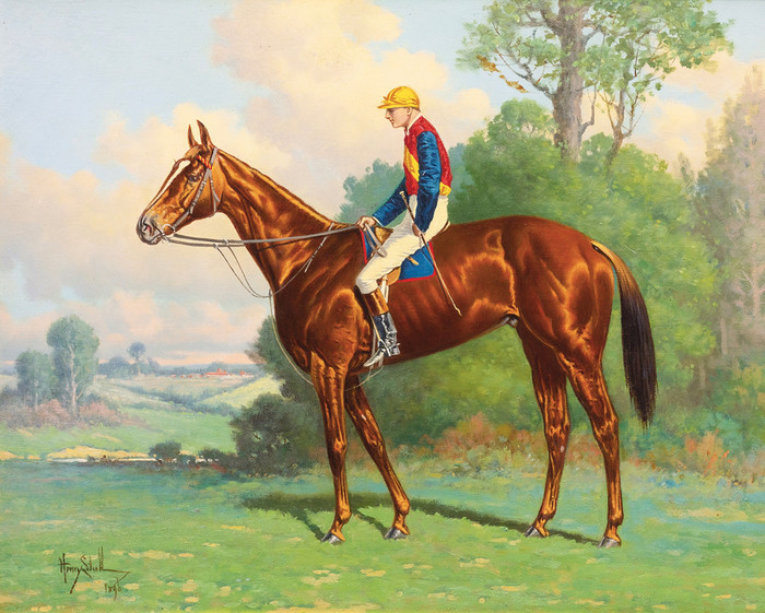 Art Prints of Bay with Jockey Up in Green & Yellow Silks by Henry Stull