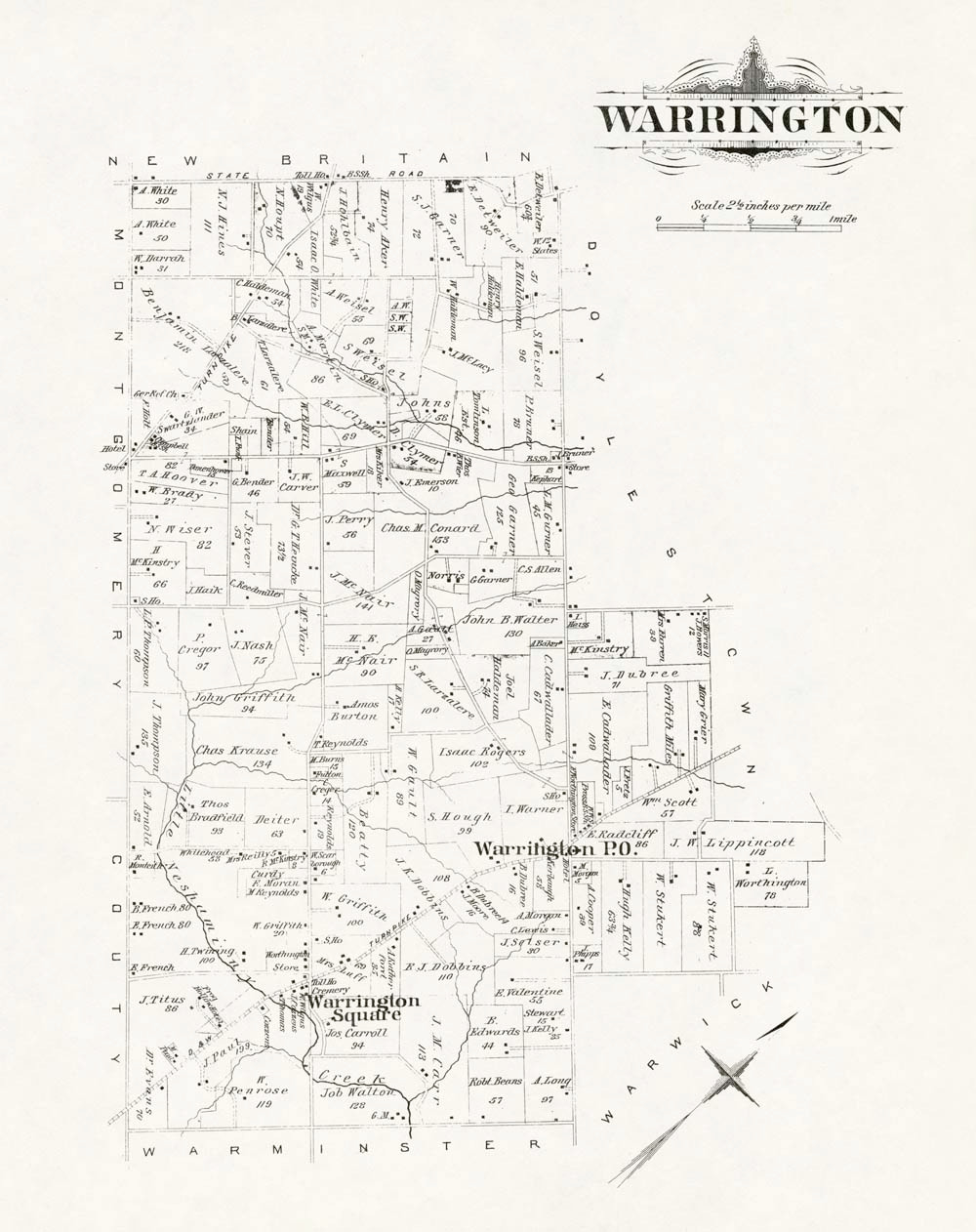 Art Prints of Bucks County Map Warrington, Bucks County Vintage Map