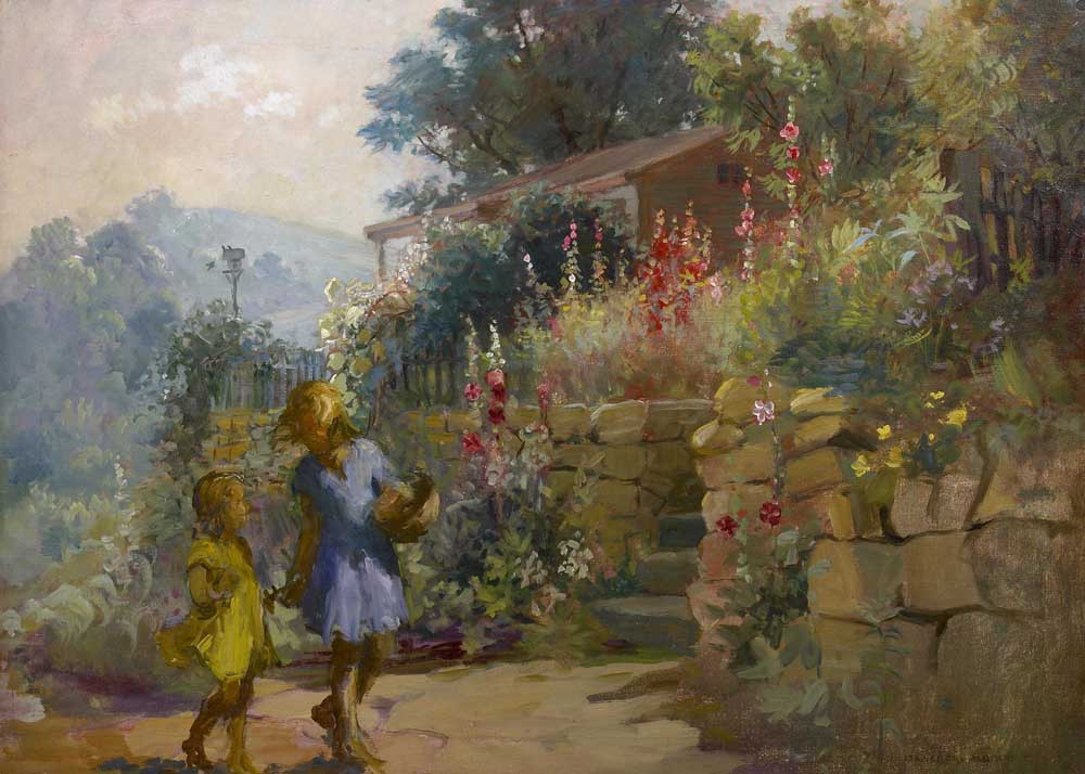 Art Prints of Wall Flowers, Girls and Hollyhocks by Adam Emory Albright