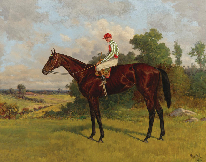 Art Prints of Bay with Jockey Up in Green & Yellow Silks by Henry Stull