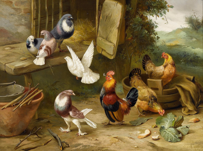 Art Prints of Farmyard Scene with Chickens & Bantams by Edgar Hunt