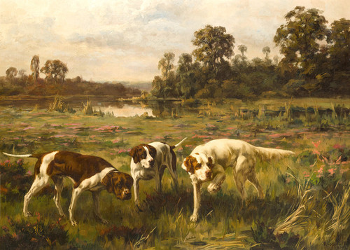 Art Prints of Three Hunting Dogs Stalking Game by Percival Leonard Rosseau