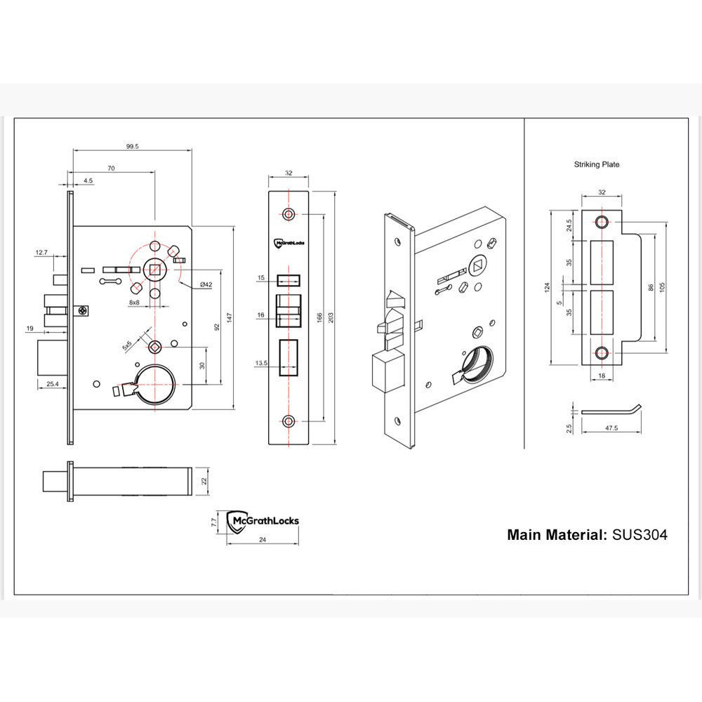 McGrath Locks F54 ANSI Mortice Lock Grade 1 Stainless Steel 70mm Backset