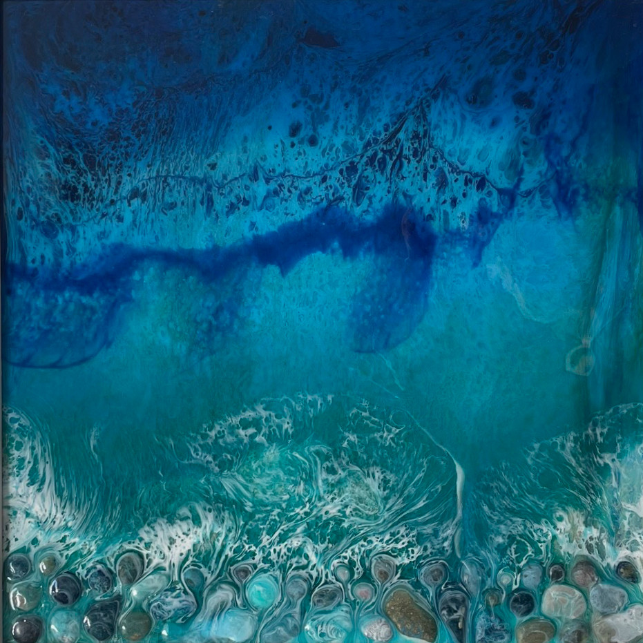 Aqua and grey pebbles resin - Hannah Bruce Art