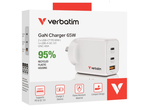 Verbatim 3 Port 65 Watt Portable GaN charger, 2 x USB-C PD 65w, 1x USB ...