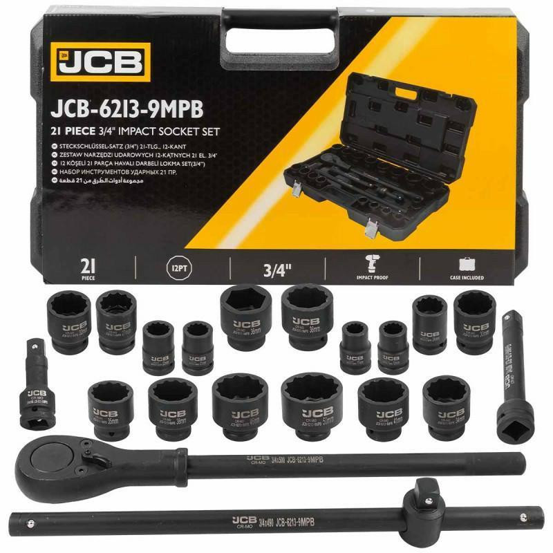 JCB 21 Piece Impact Socket, Ratchet Tool and breaker bar Set, 3/4 ...