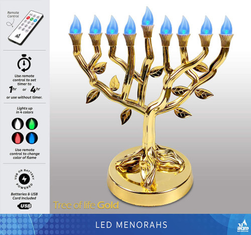 NER MITZVAH TREE OF LIFE LED GOLD MENORAH, 12 IN - Never Wash A Dish