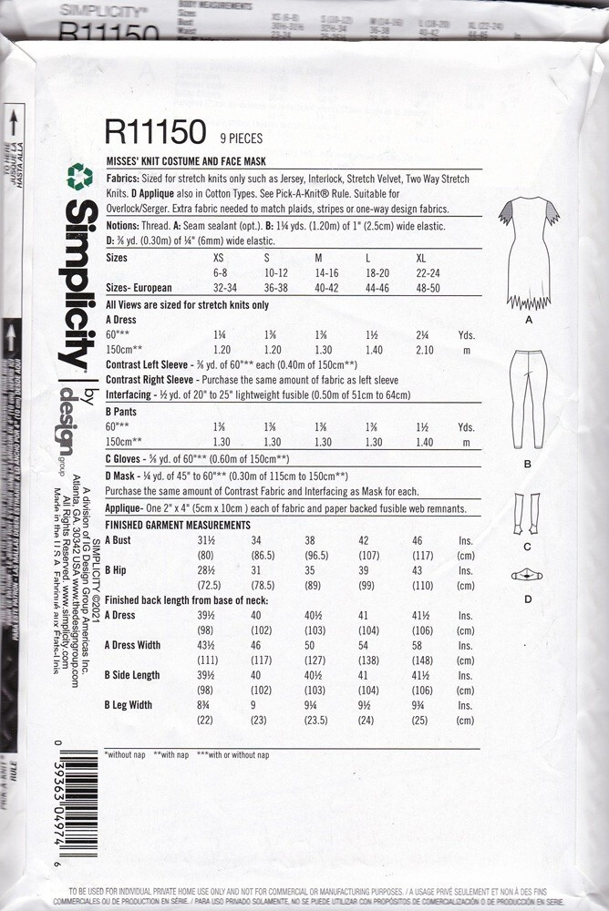 Uncut SIMPLICITY R11150 Sewing Pattern Costume SALLY Nightmare Before ...