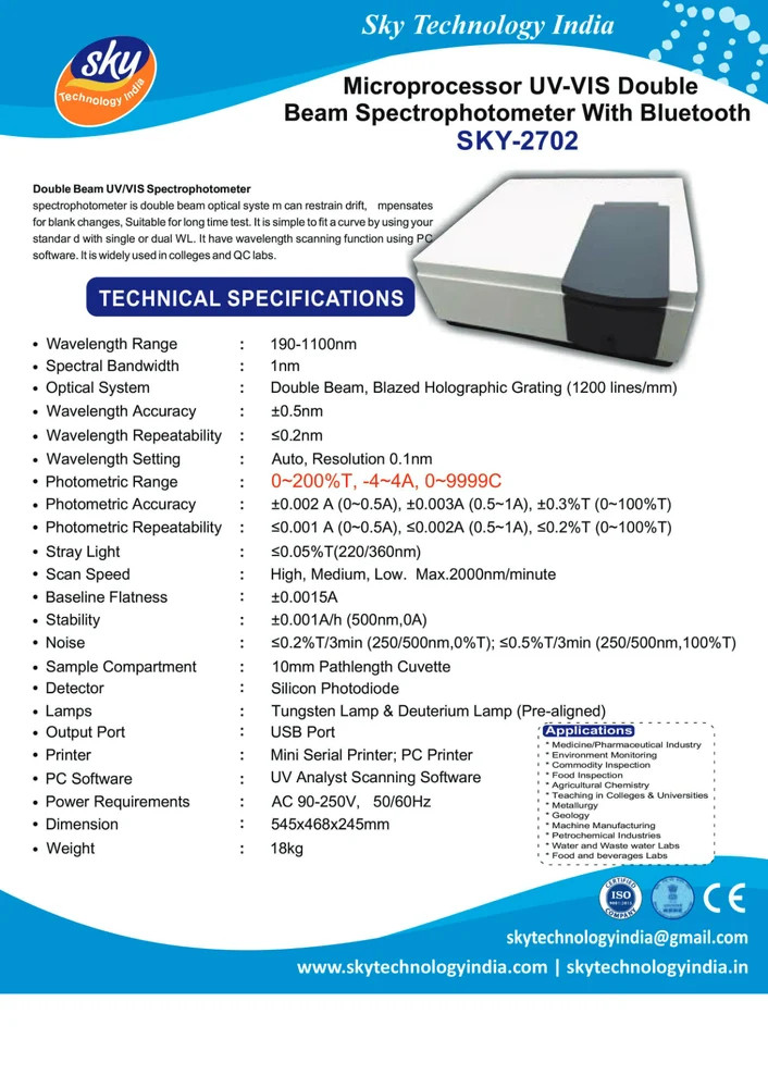 Microprocessor UV-VIS Double Beam Spectrophotometer With Bluetooth SKY-2702
