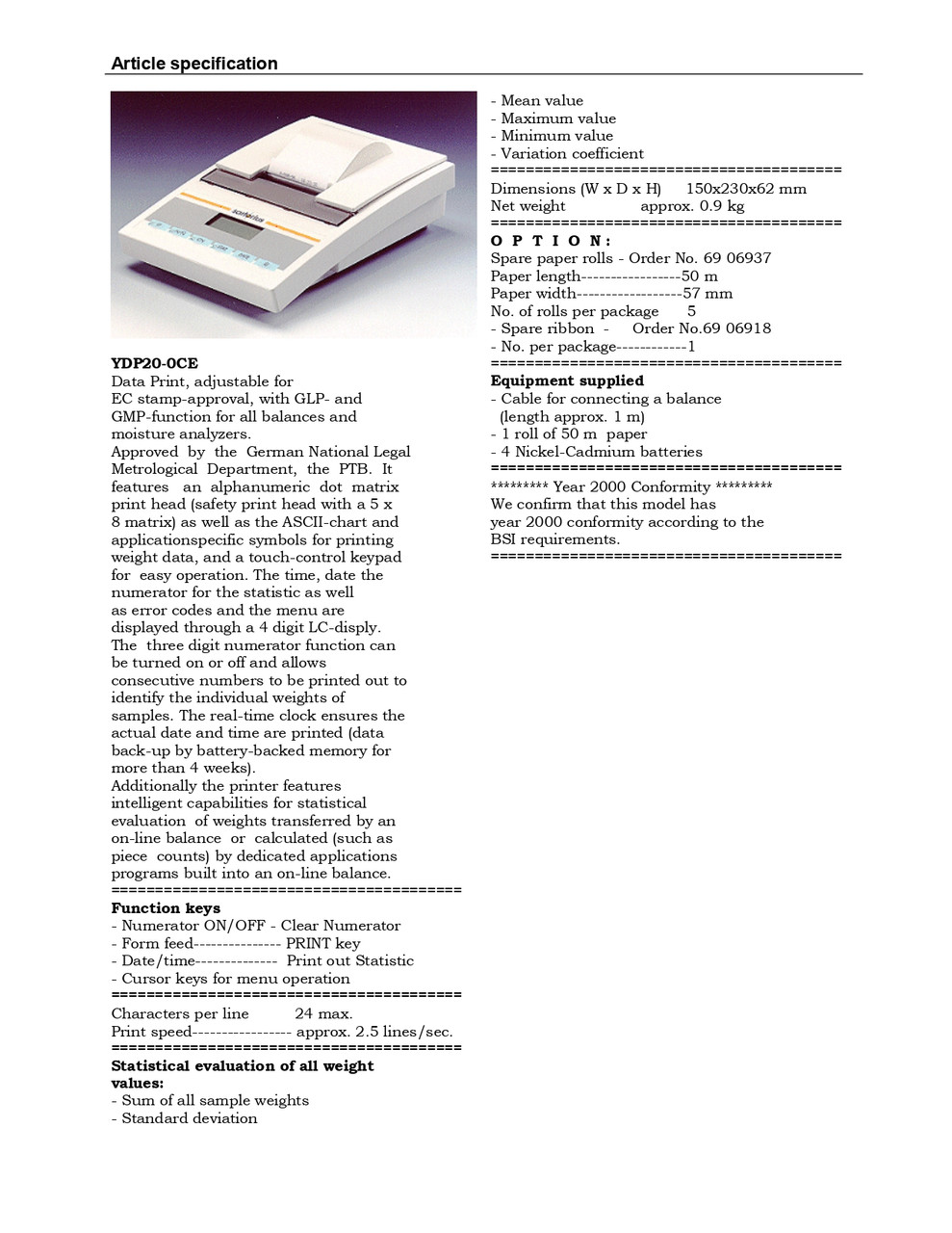 Data Printer for Laboratory Balances Sartorius YDP20-0CE GLP/GMP
