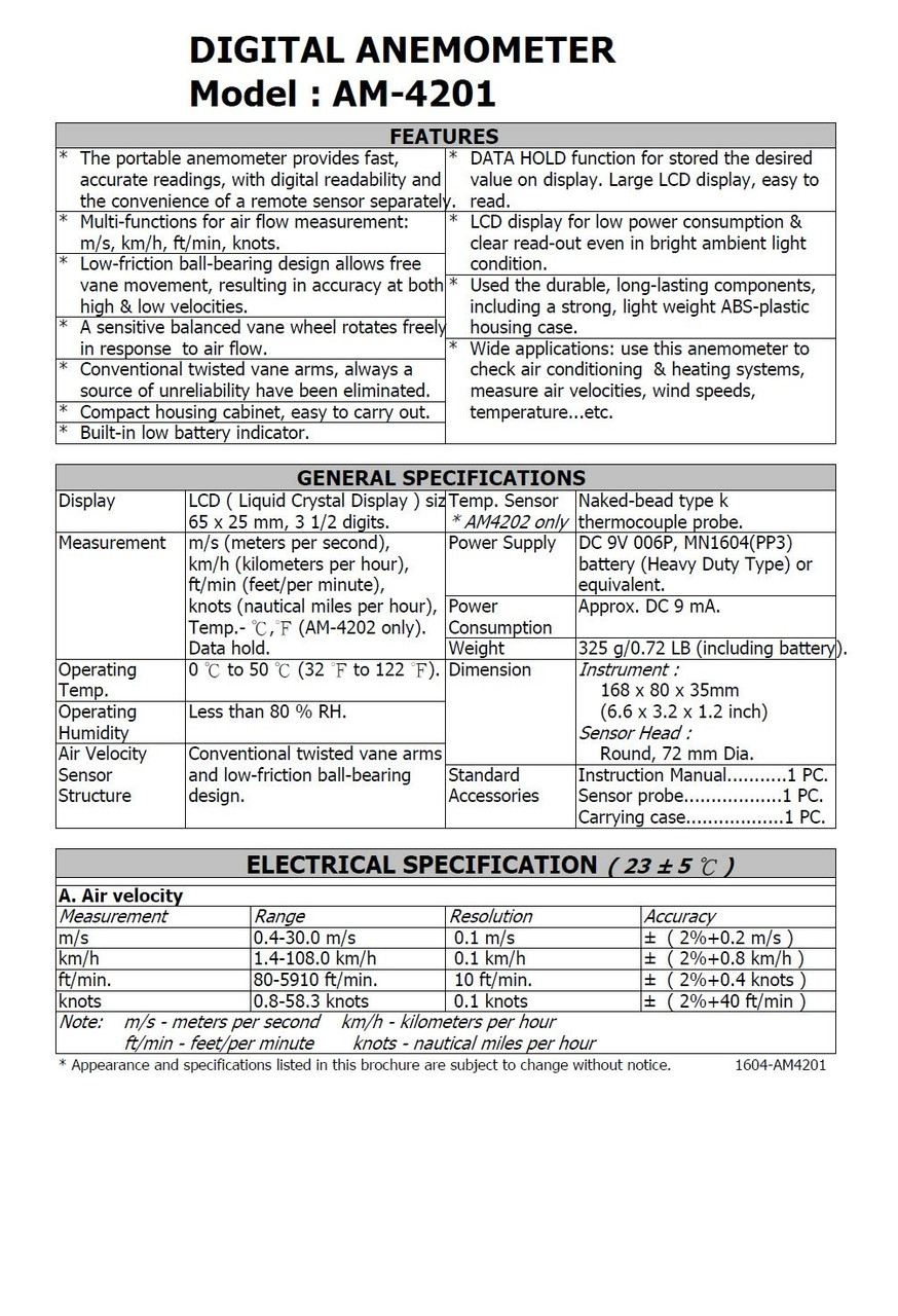LUTRON AM 4201 Portable Anemometer with fan type vane