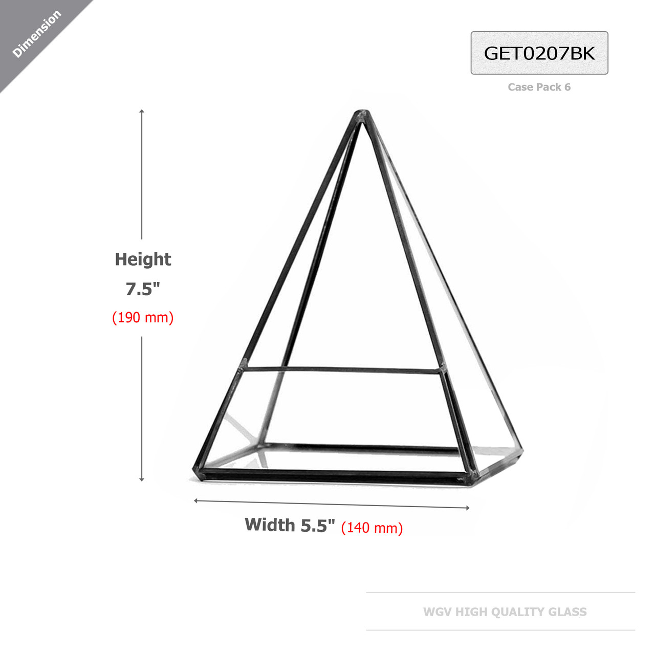 GET0207BK - Black Pyramid Geometric Glass Terrarium. 7.5"H