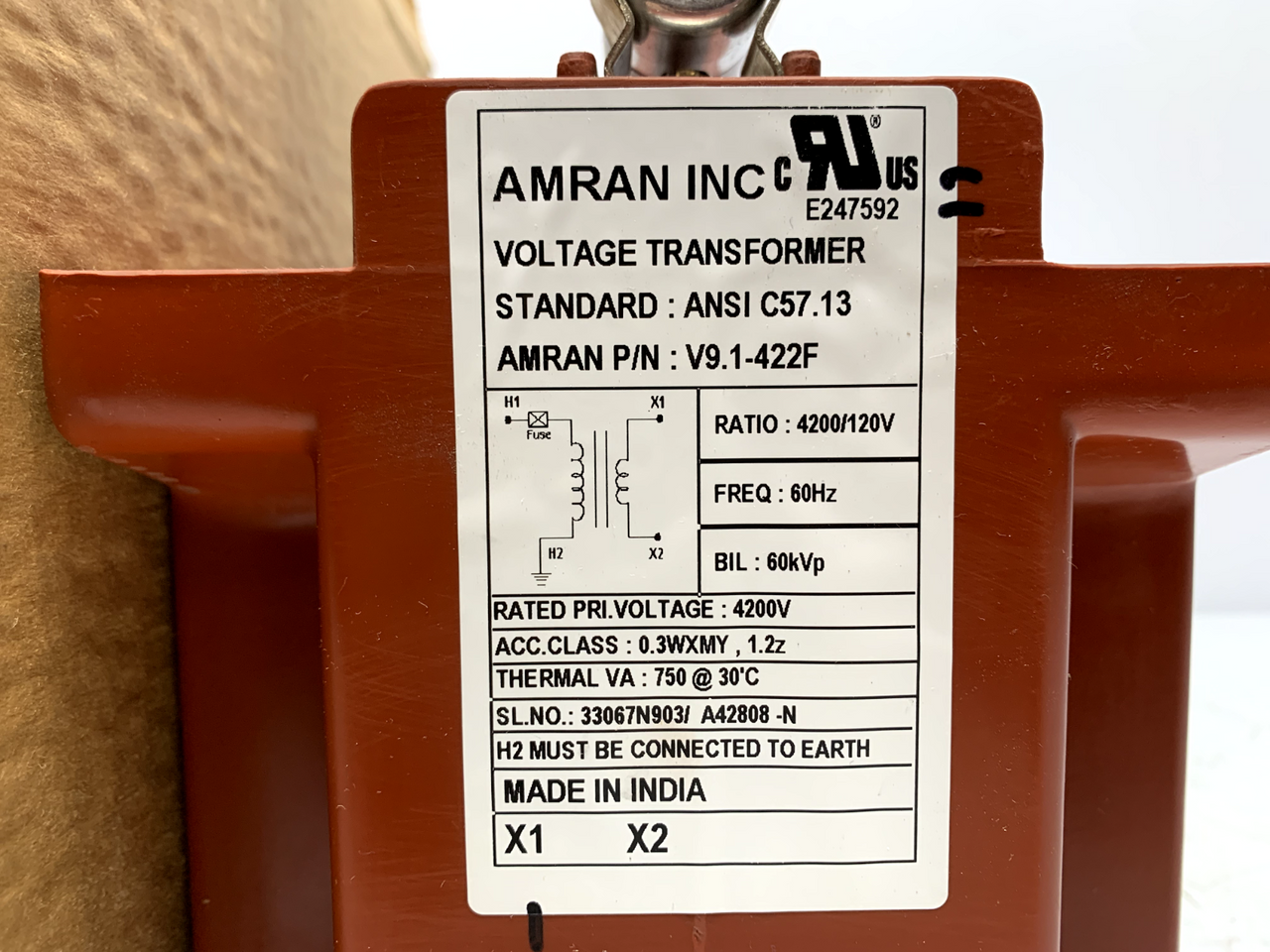 Amran V9.1-422F Voltage Potential Transformer 5.6kV BIL 60kV Full Wave ...