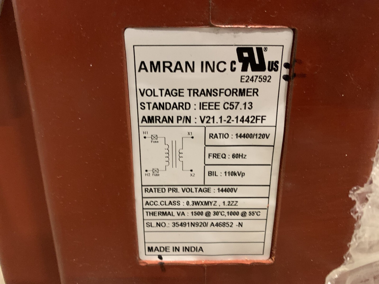 Amran V21.1-2-1442FF Two Bushing Med Voltage Transformer 14400/120V 120 ...