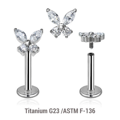 YLB12X04 titanium internally threaded labret w butterfly shaped cz top
