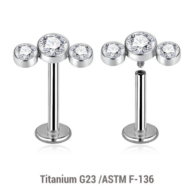 YLB12X08 titanium internally threaded labret w long top w 3 crystal